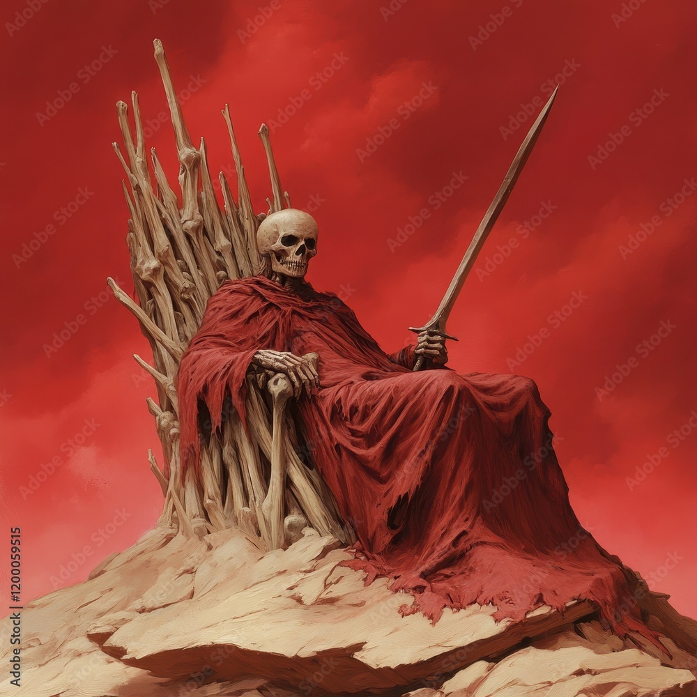 Skeletal Figure in Red Robe Seated on Bone Throne, Holding Sword Stock ...