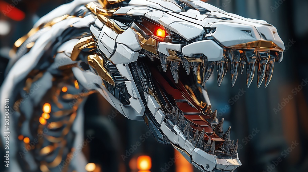 Futuristic snake mecha in a dynamic roaring pose, mouth wide open ...