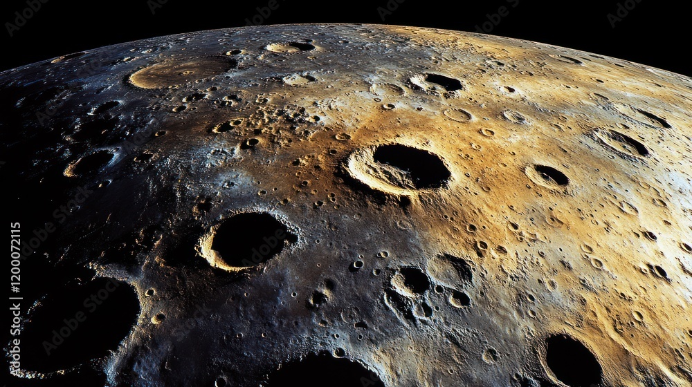 The barren, cratered surface of the planet Mercury, The soil is a mix ...