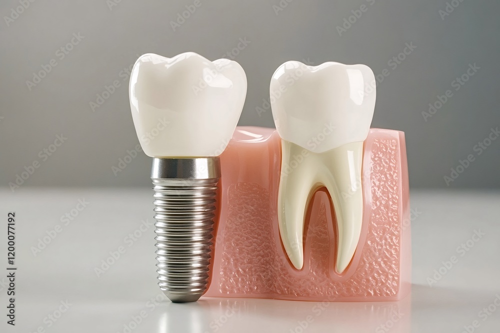 Close-up of a dental implant model standing next to a real tooth model ...