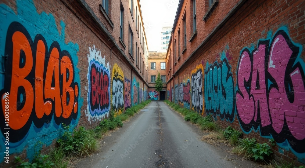 Colorful street art in a narrow urban alley, vivid graffiti enhancing the urban landscape Stock ...