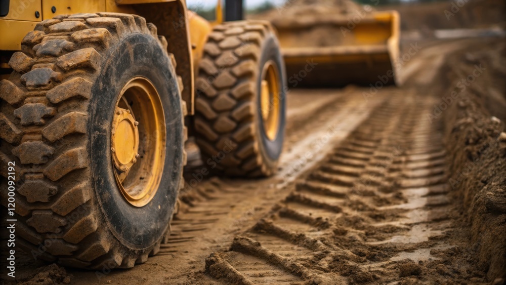 Closeup of the rugged wheels of a bulldozer leaving deep tire marks in ...