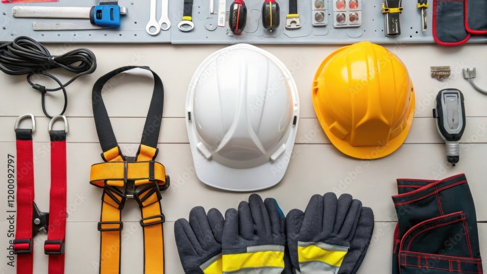 Detailed view of safety gear hard hats gloves and harnesses neatly ...