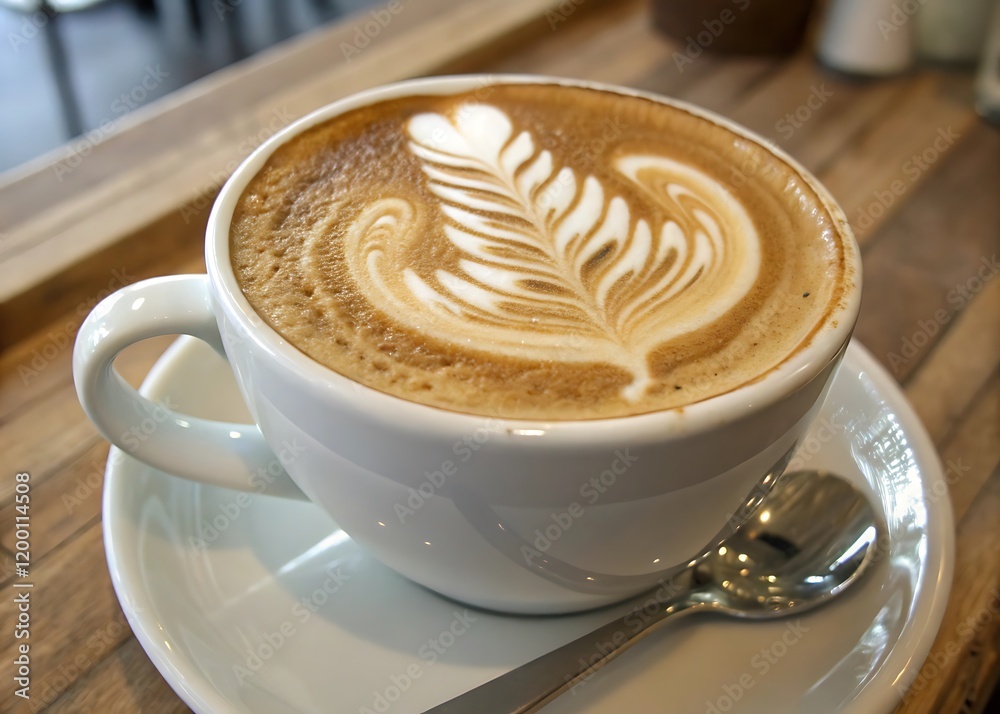 Nice Texture of Latte art on hot latte coffee . Milk foam in heart shape leaf tree on top of ...
