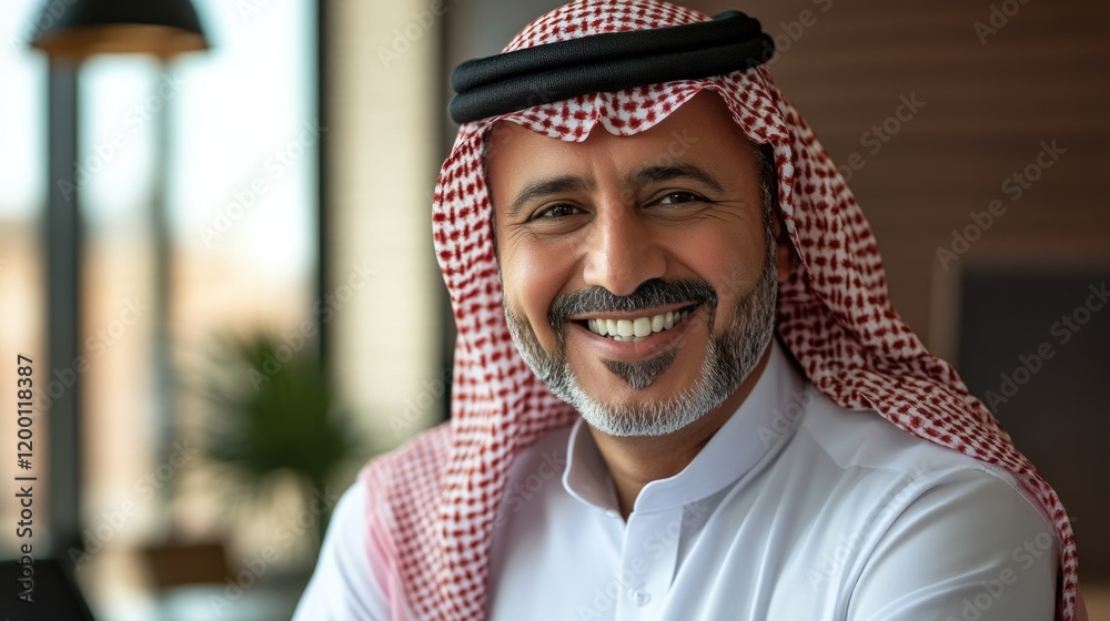 Smiling middle-age arabian high skilled leader in traditional kandora ...