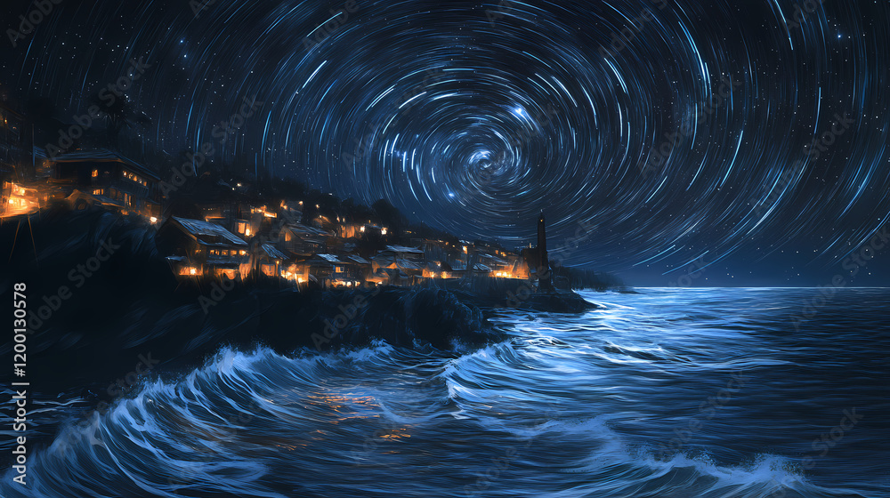 Night sky star trails over ocean waves and coastal town. Galactic Ocean ...