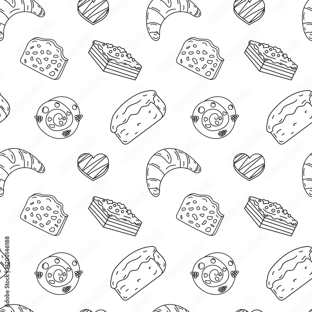 Sweets doodle Seamless pattern with bun, cake, croissant, chocolate ...