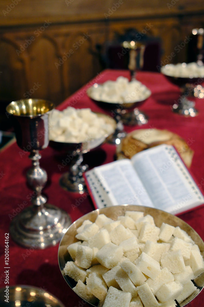 Protestant church. Bible, vine and bread on altar. Communion in memory ...