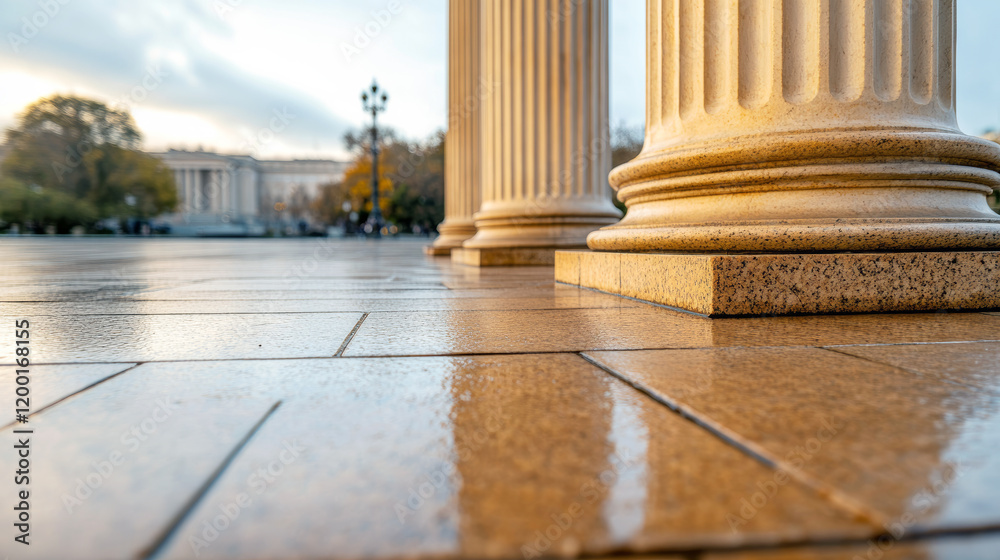 Wide-angle minimalist photo of the base of large fluted columns, crisp ...