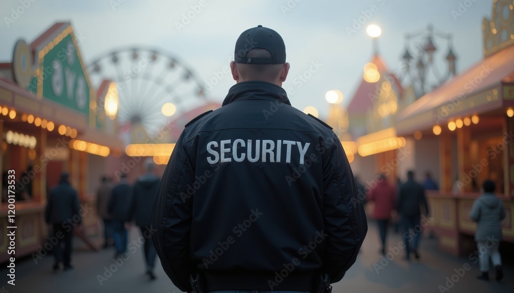 Adult man security guard in black jacket with security text on the back ...