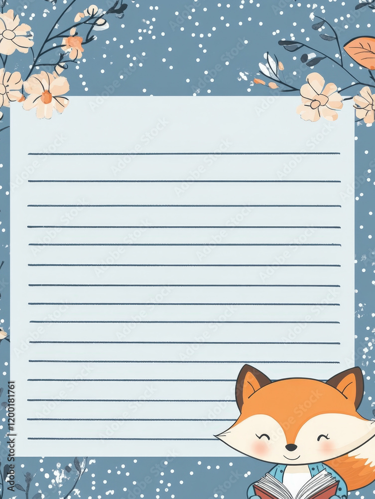 Cute fox reading with floral border design for creative writing or note ...