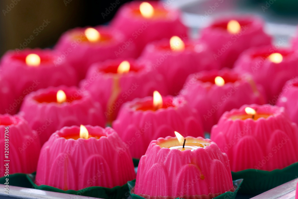 Pink lotus flowers candles at the Thean Hou Temple. Lotus flower is the ...