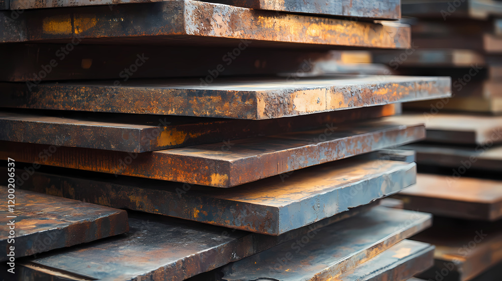 Textured layers of industrial metal plates stacked in a workshop ...