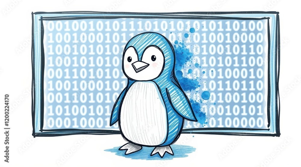 Adorable cartoon penguin standing in front of a screen displaying ...