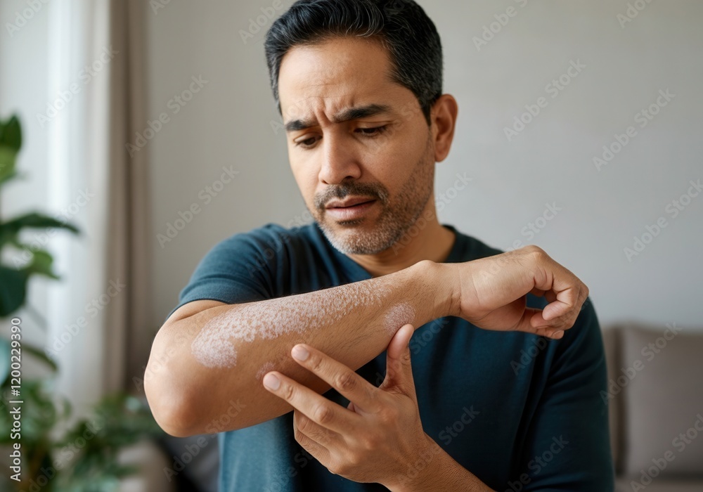 Worried man inspecting his forearm affected by psoriasis, a chronic ...