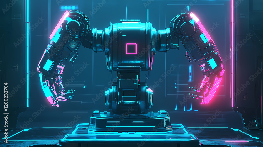 Robot hand rendered futuristic design neon glow cyberpunk elements ...