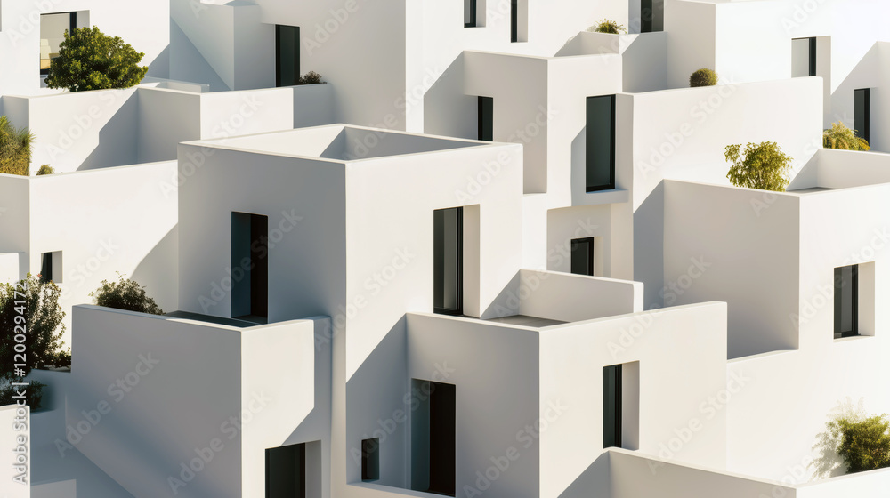 Minimalist modern white architecture with geometric shapes and terraces ...