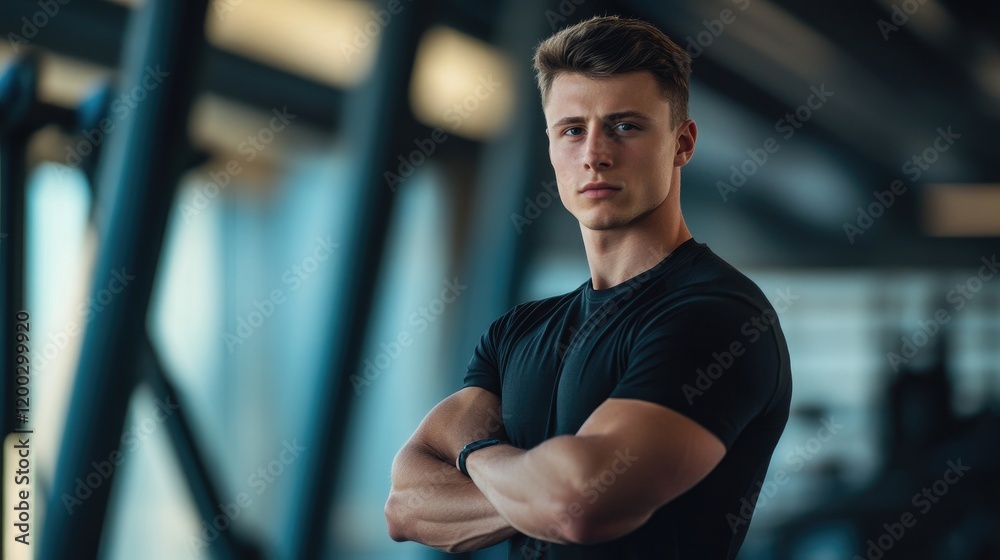 European man with lean physique stands confidently in modern gym with ...