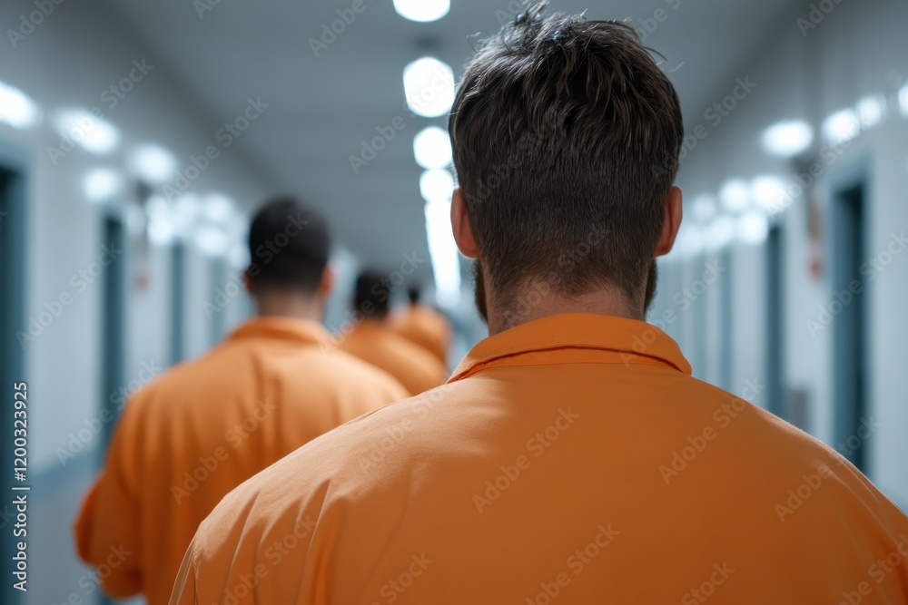 This image shows multiple inmates in orange uniforms walking through a ...