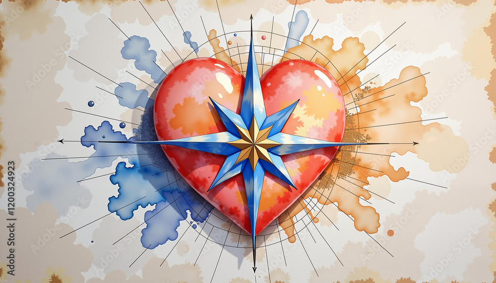 Heart-shaped compass rose watercolor artwork, guidance and emotion ...