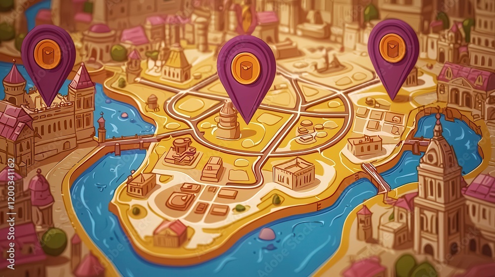 Colorful illustrated map with landmarks and location markers. Stock ...
