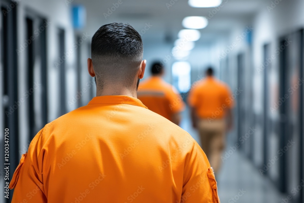 This image showcases a prison corridor featuring inmates dressed in ...