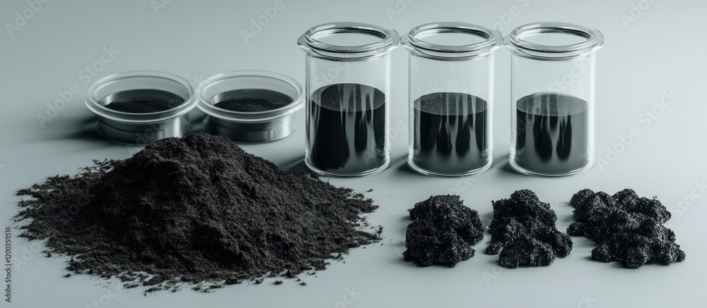Different forms of black carbon powder, lumps, and liquid in glass ...