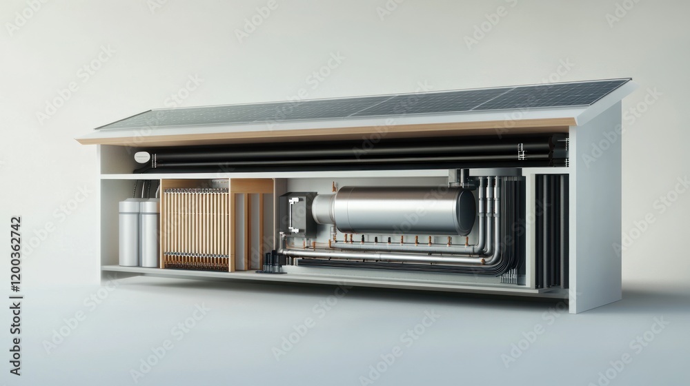 Cutaway of house with solar panels, heat pump, and water tanks. Stock ...