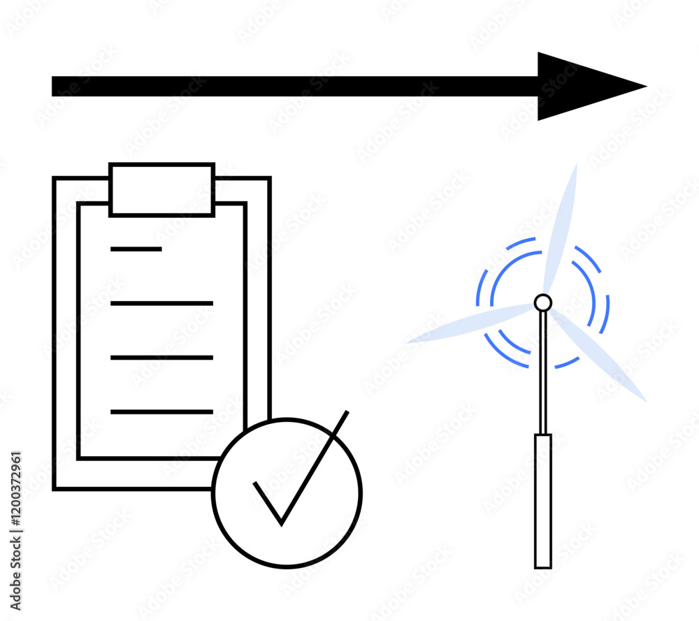 Clipboard checklist with a tick mark, rotating wind turbine, and bold ...