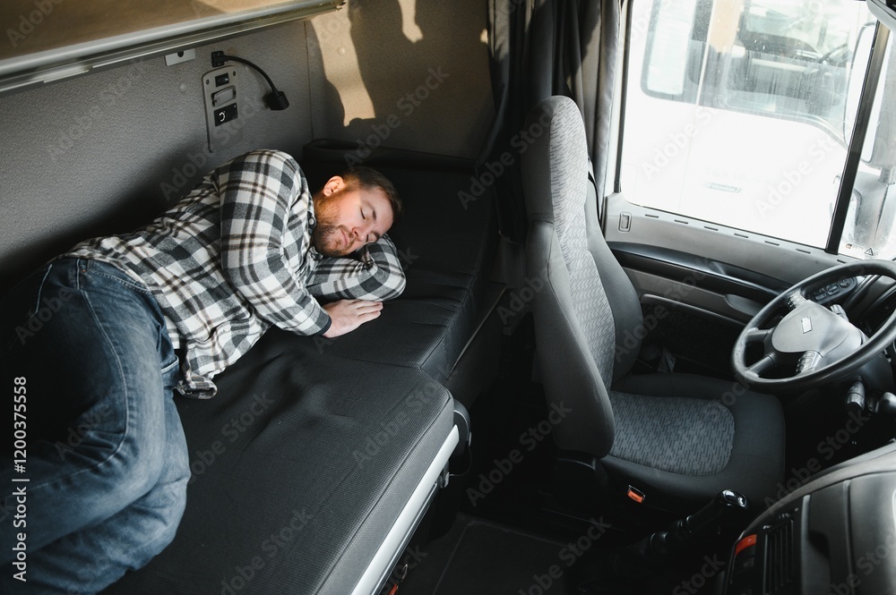 Truck driver sleeping in his cabin after working long routes overtime ...