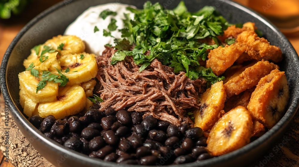 Hearty bowl of Venezuelan pabelln criollo shredded beef black beans and ...