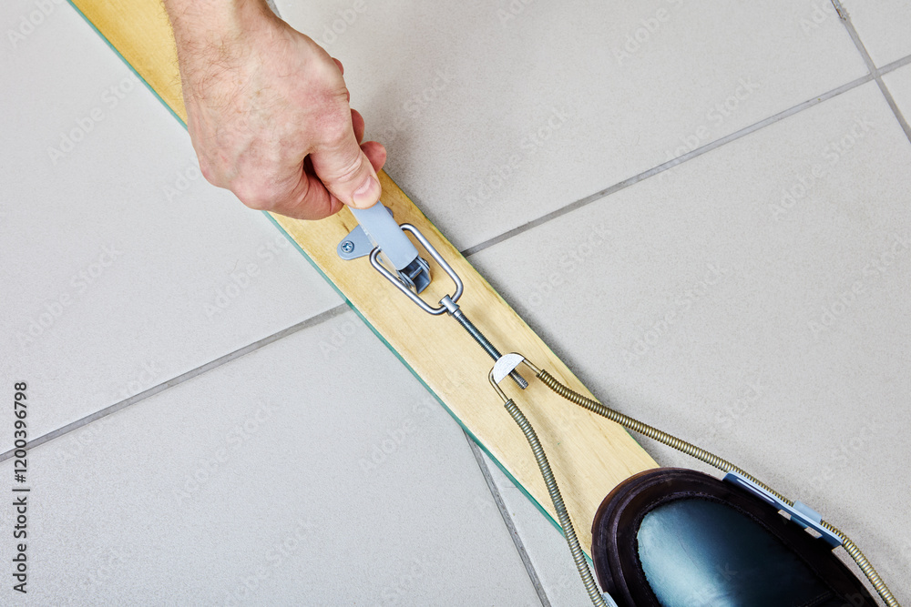 Skier tensions spring of cable ski bindings during installation and ...