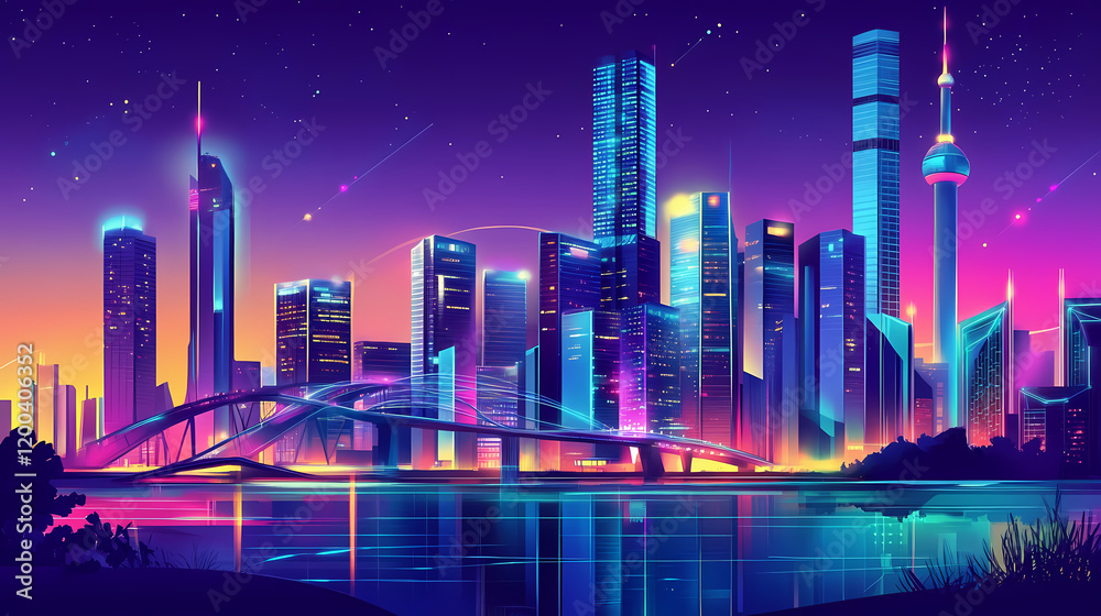 Futuristic cityscape, bridge connected architecture of towering ...