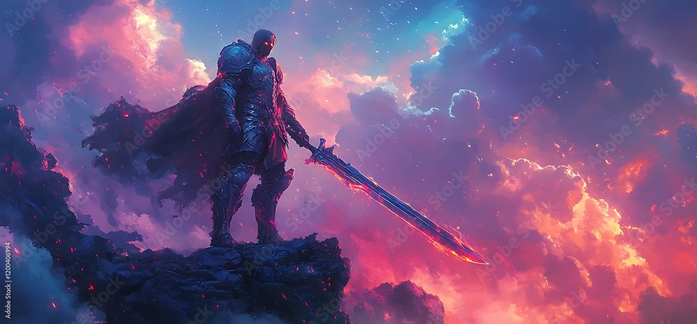 Knight, fiery sunset, epic fantasy, game art Stock Illustration | Adobe ...