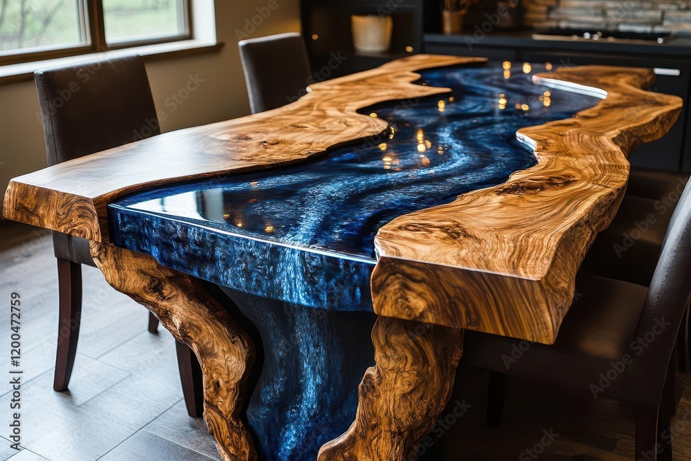 handcrafted river table with flowing azure epoxy streams meandering ...