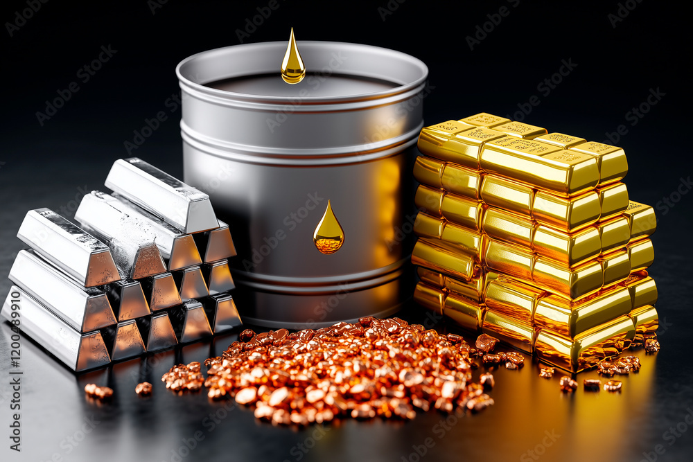 Oil Barrel with Gold, Silver, and Copper Ingots Stock Illustration ...