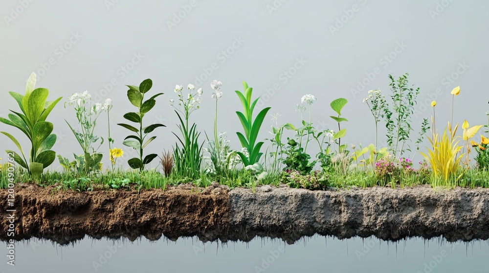 Diverse Plant Life Cross Section Showing Soil Roots and Vegetation ...