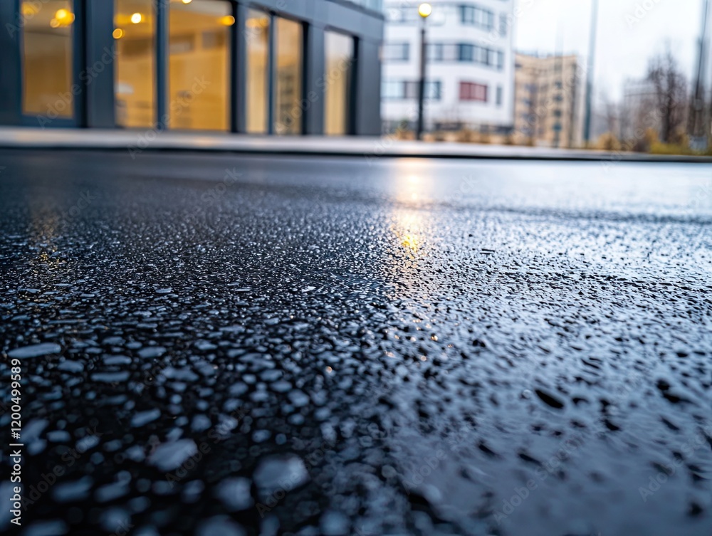 Wet asphalt street, city buildings background, rainy day, urban scene ...