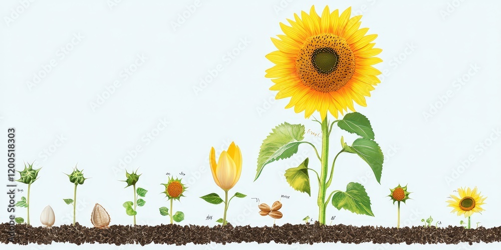 A cheerful diagram showing the life cycle of a sunflower, from seed to ...