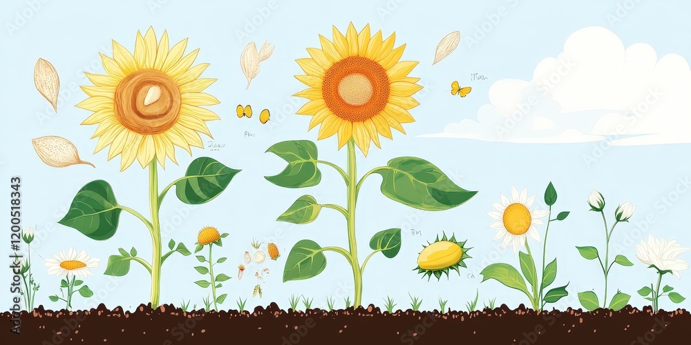 A cheerful diagram showing the life cycle of a sunflower, from seed to ...