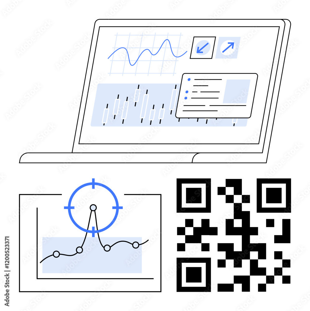 Laptop screen displaying graphs, charts, data sheets, and navigation ...