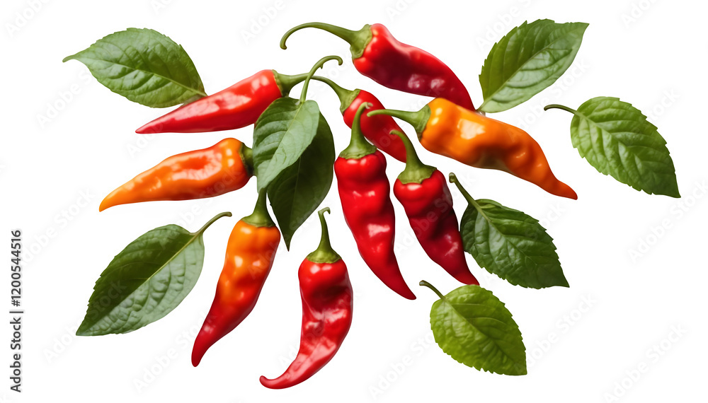 Ghost peppers with leaves, tumbling into a balanced stack on a pristine ...