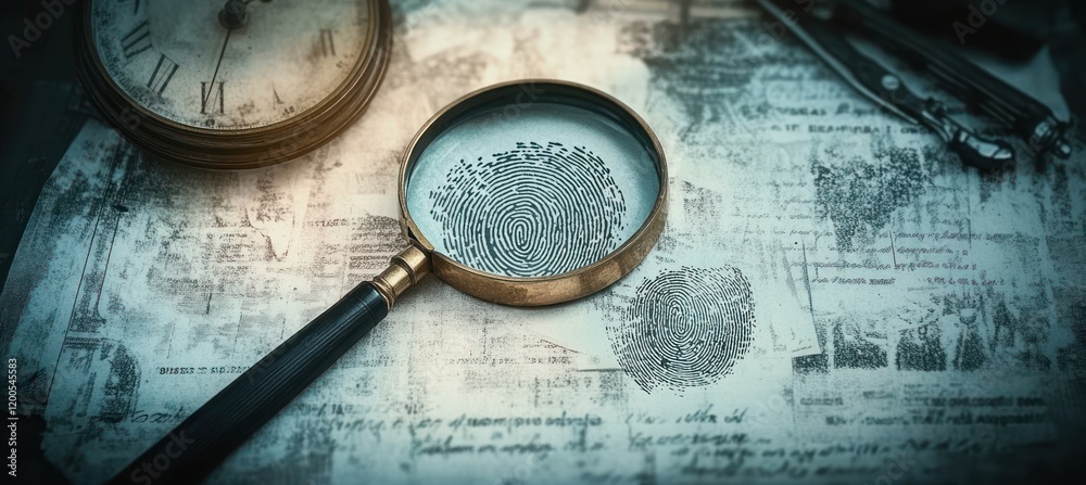 Detective Investigation with Magnifying Glass, Fingerprints, Crime ...