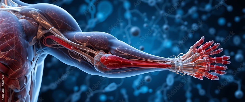Detailed 3D Rendering of Human Arm Anatomy Showing Muscles, Bones, and ...