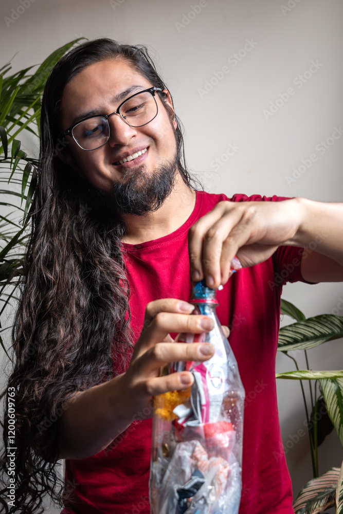 Man recycling plastic at home. Plastic bottles filled with packaging ...