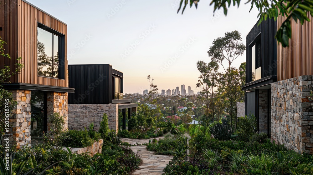 Stylish homes in the with mixed materials of timber cladding, stone ...