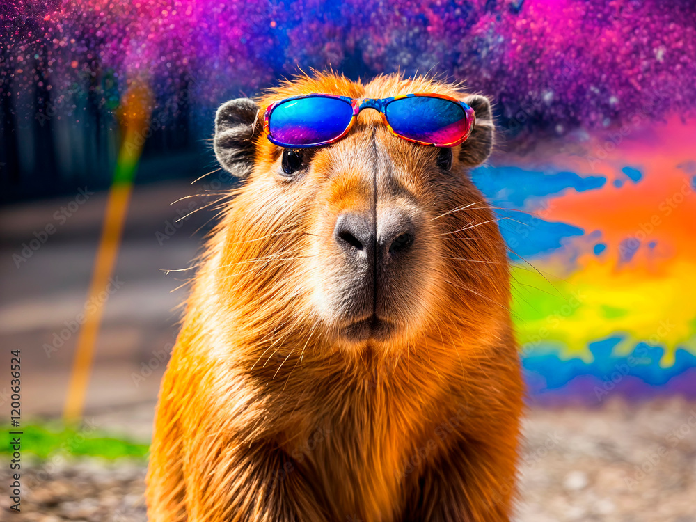 a vibrant, colorful capybara with a hyper-realistic face in frontal ...