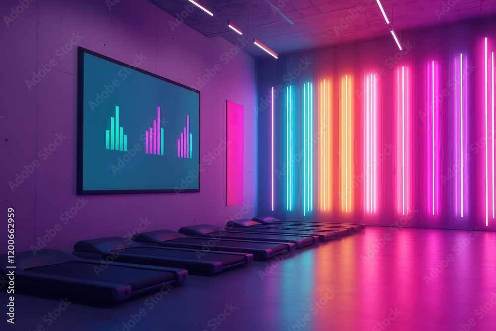 digital fitness workouts. A futuristic gym setup with interactive ...