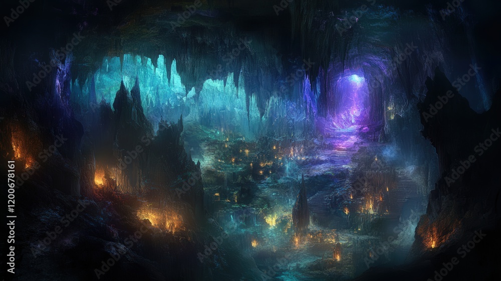 Illustration Stock vast underground cave system, with a large chamber ...
