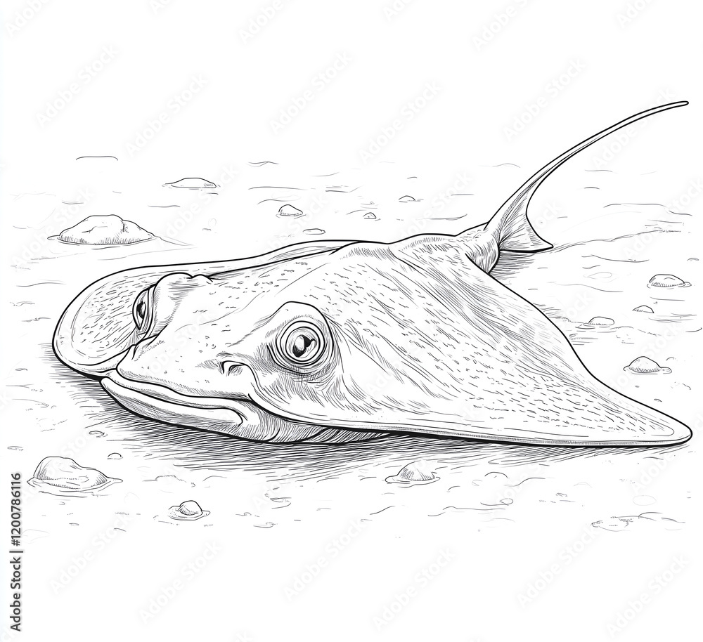 Stingray coloring page for kids, pencil drawing style, lying on the ...